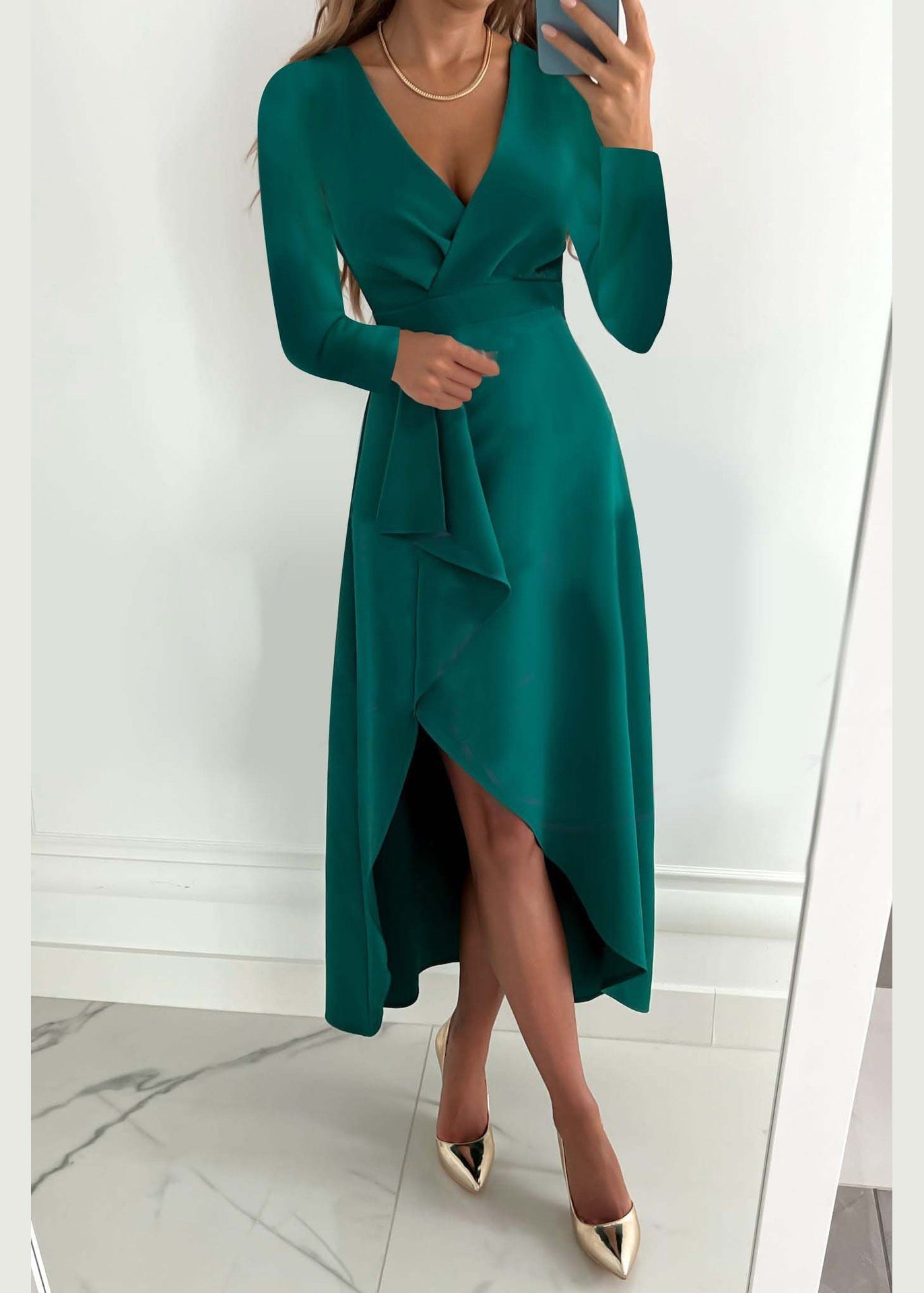 French Green V Neck Asymmetrical Design Side Open Dress Fall QR003 ...