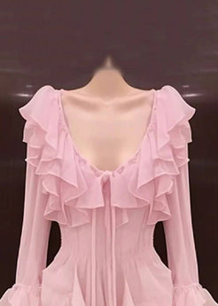 Novelty Pink Ruffled Lace Up Chiffon Mid Dress Long Sleeve EE1050 ...