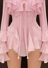 Novelty Pink Ruffled Lace Up Chiffon Mid Dress Long Sleeve EE1050 ...