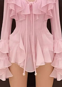 Novelty Pink Ruffled Lace Up Chiffon Mid Dress Long Sleeve EE1050 ...