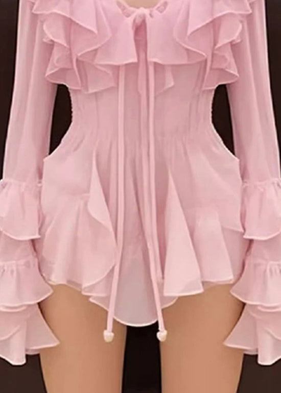 Novelty Pink Ruffled Lace Up Chiffon Mid Dress Long Sleeve EE1050 ...