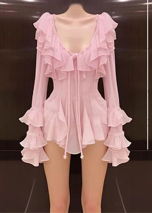Novelty Pink Ruffled Lace Up Chiffon Mid Dress Long Sleeve EE1050 ...